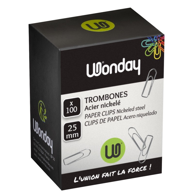 Boîte de 100 trombones 25 mm galva - Wonday